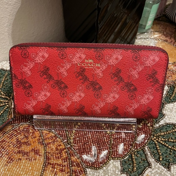 Coach | Bags | Coach Red Leather Long Wallet With Stagecoach Print In ...